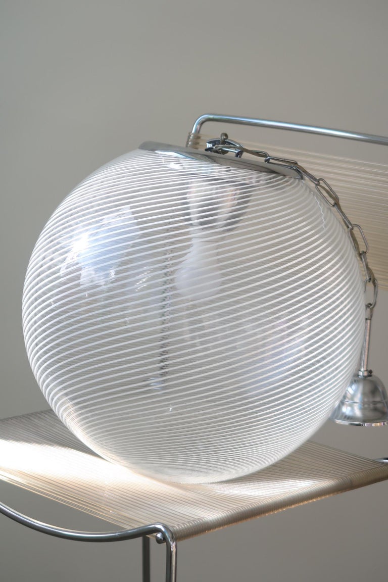 Large Vintage Murano 1970s Filigrana White Swirl Glass Pendant Ceiling ...