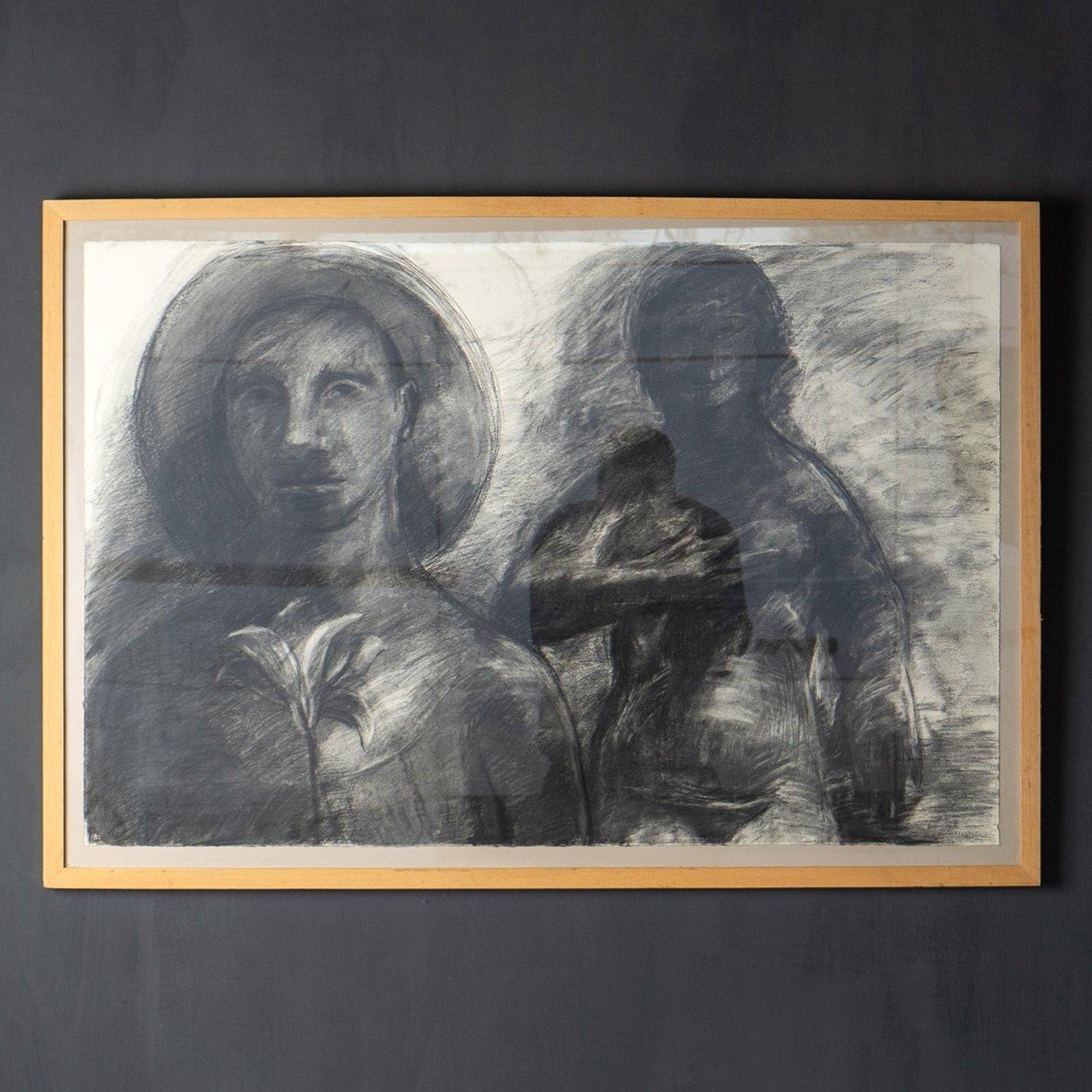 Large Vintage Original Monochrome Charcoal Drawing of Two Figures For ...