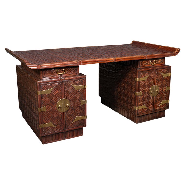 Large Vintage Partner's Desk, Oriental, Bamboo, Pedestal, Writing ...