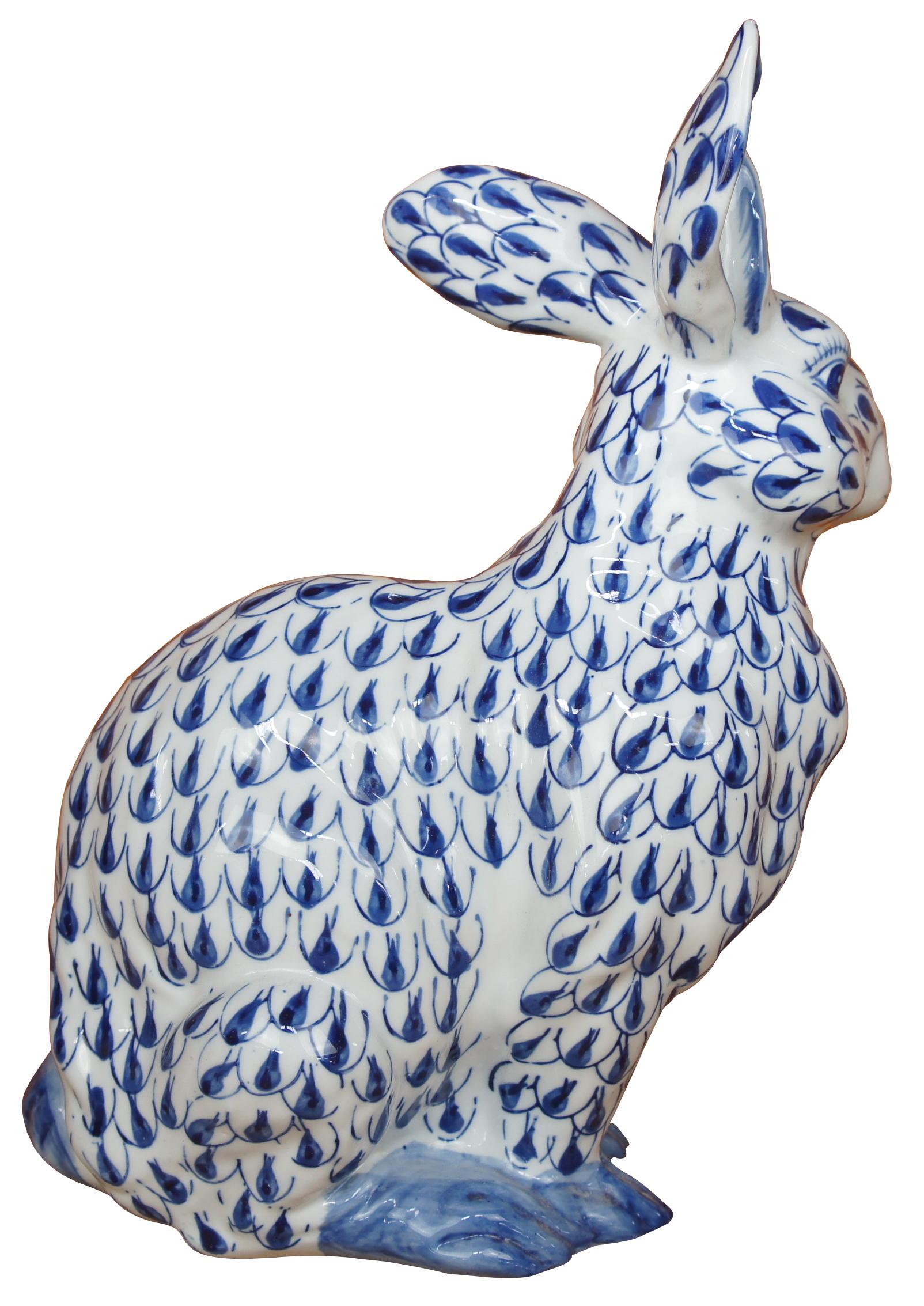 Large Vintage Porcelain Blue and White Fishnet Seated Bunny Rabbit ...