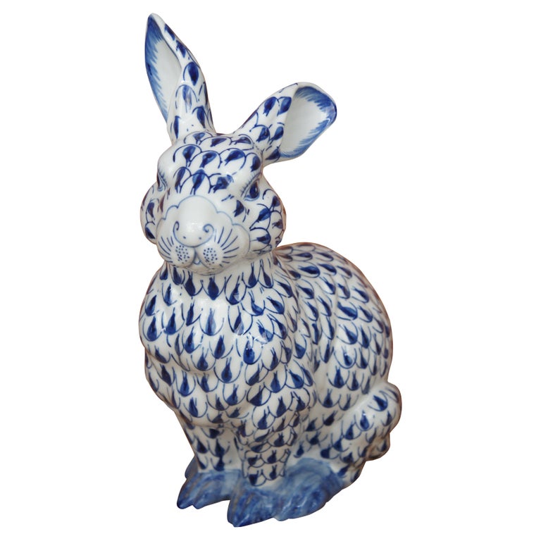 Large Vintage Porcelain Blue and White Fishnet Seated Bunny Rabbit ...