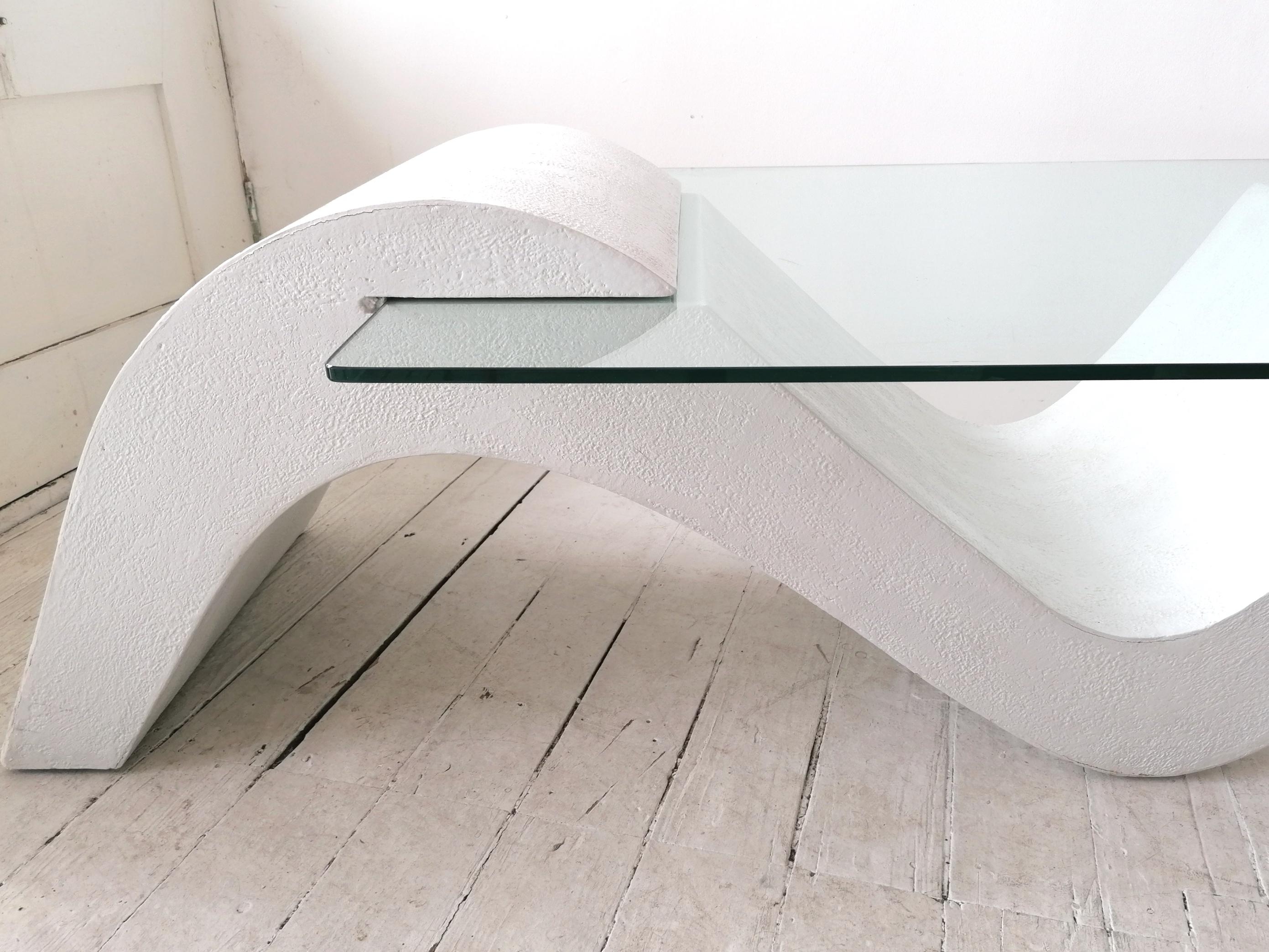 Large Vintage Postmodern Wave Coffee Table, Textured Plaster and Glass ...