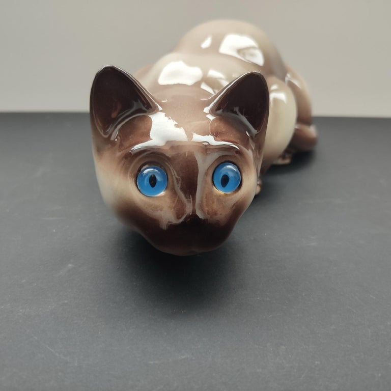 Collectible Vintage Pottery Siamese Large Cat With Blue Glass Eyes For ...