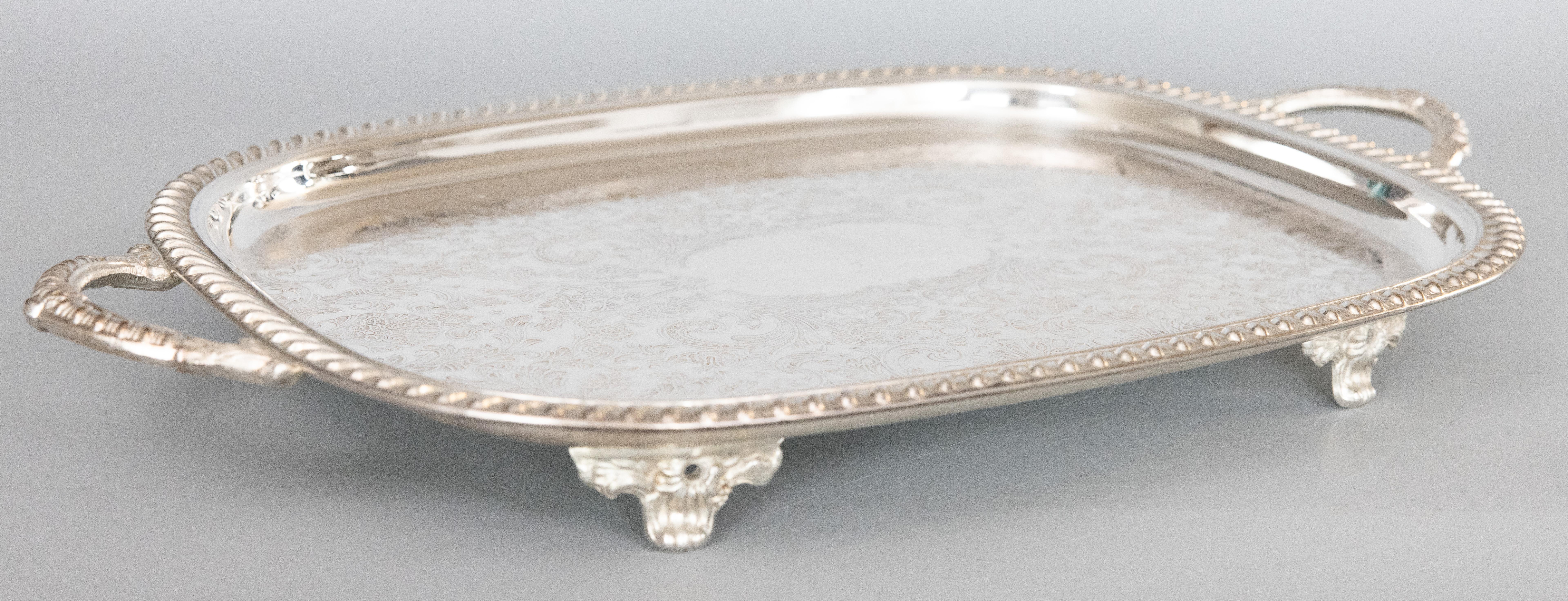 Large Vintage Silver Plate Footed Tray With Handles, circa 1950 For Sale at 1stDibs