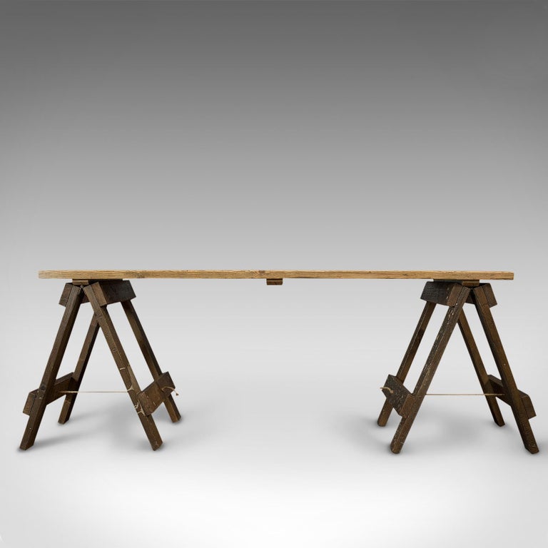 Large Vintage Table, English, Pine, Craft, Work, Kitchen, Trestle ...