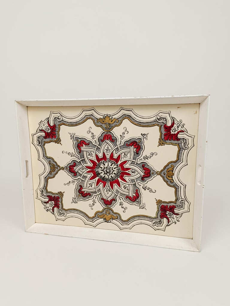 Large Vintage Tray with Gothic Decorations in the Style of Piero Fornasetti For Sale at 1stDibs