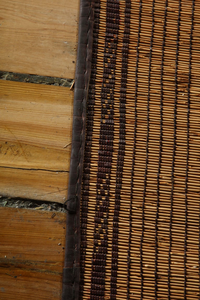 Large Vintage Tuareg Reed and Brown Leather Striped Rug, North Africa ...