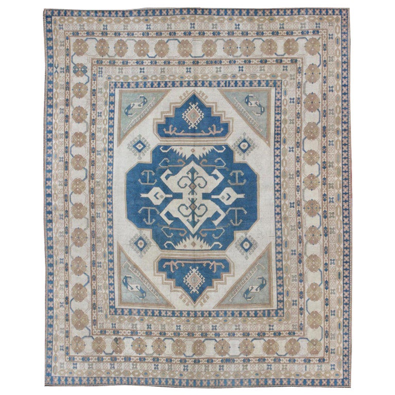 Large Vintage Turkish Rug with Stylized Geometric Design in Blue, Ivory ...