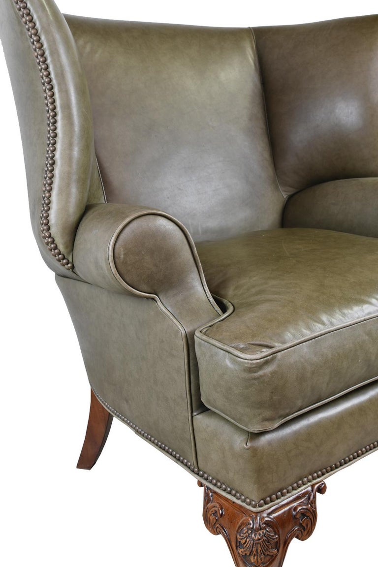 Large Vintage Wingback Armchair with Sage-Green Leather Upholstery at ...