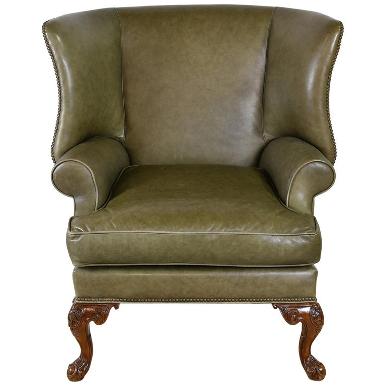 Large Vintage Wingback Armchair with Sage-Green Leather Upholstery at ...