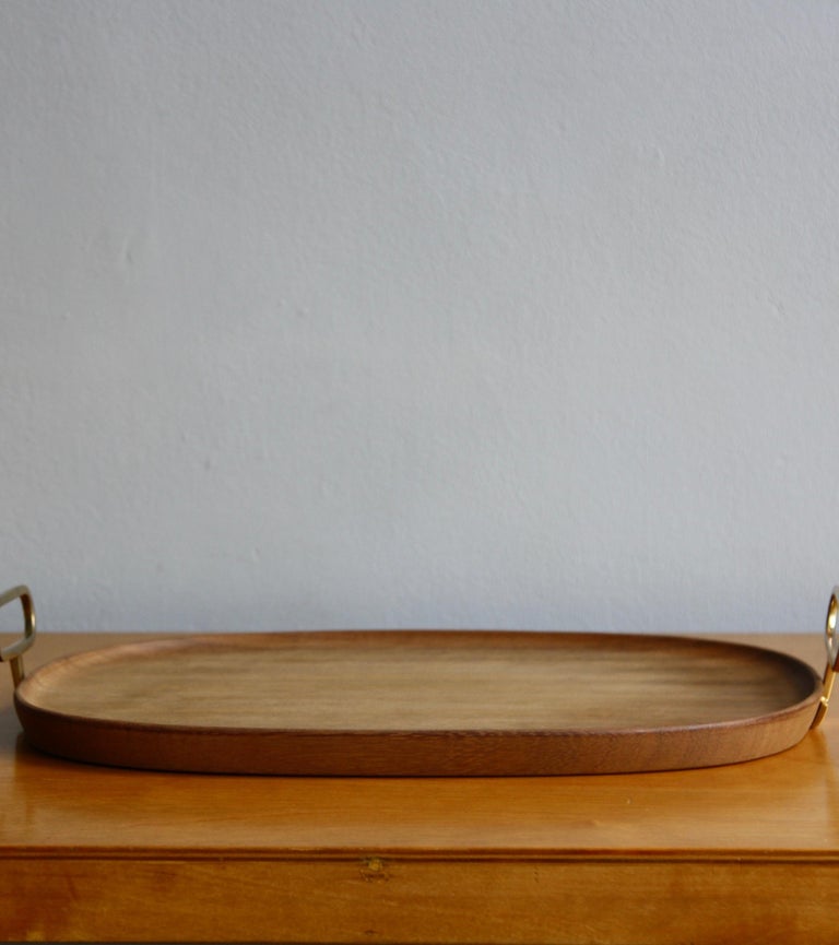 Large Walnut Oval Tray with Brass Handles Made by Carl Auböck at 1stDibs