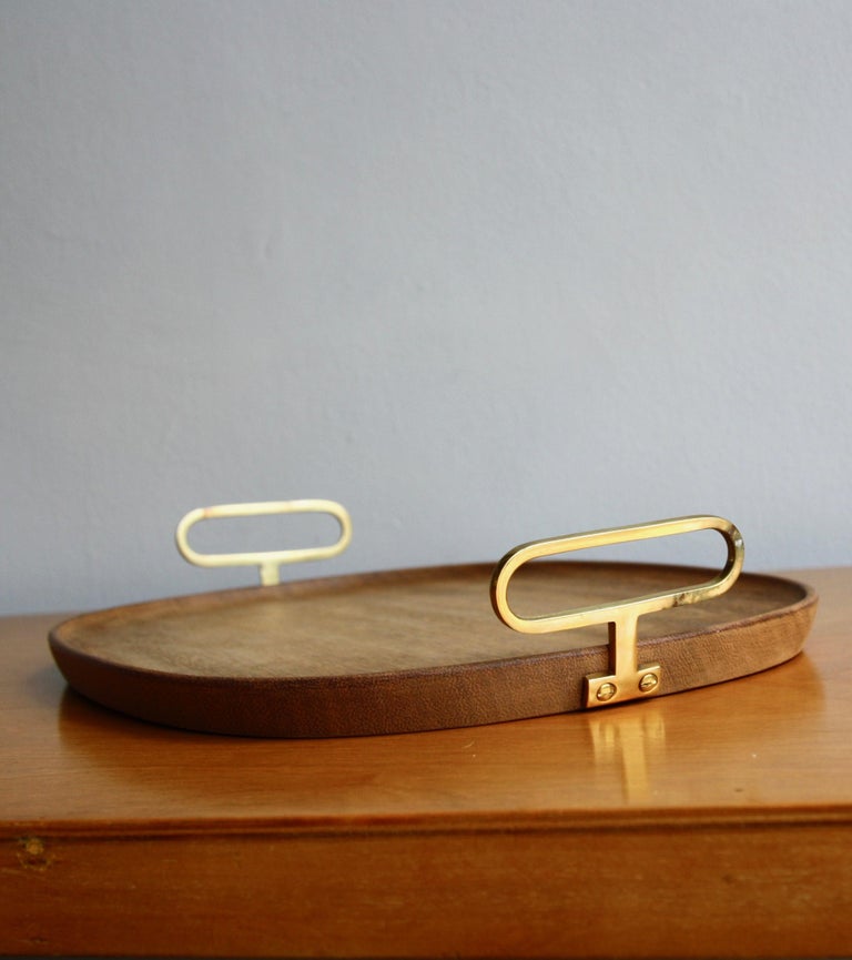 Large Walnut Oval Tray with Brass Handles Made by Carl Auböck at 1stDibs