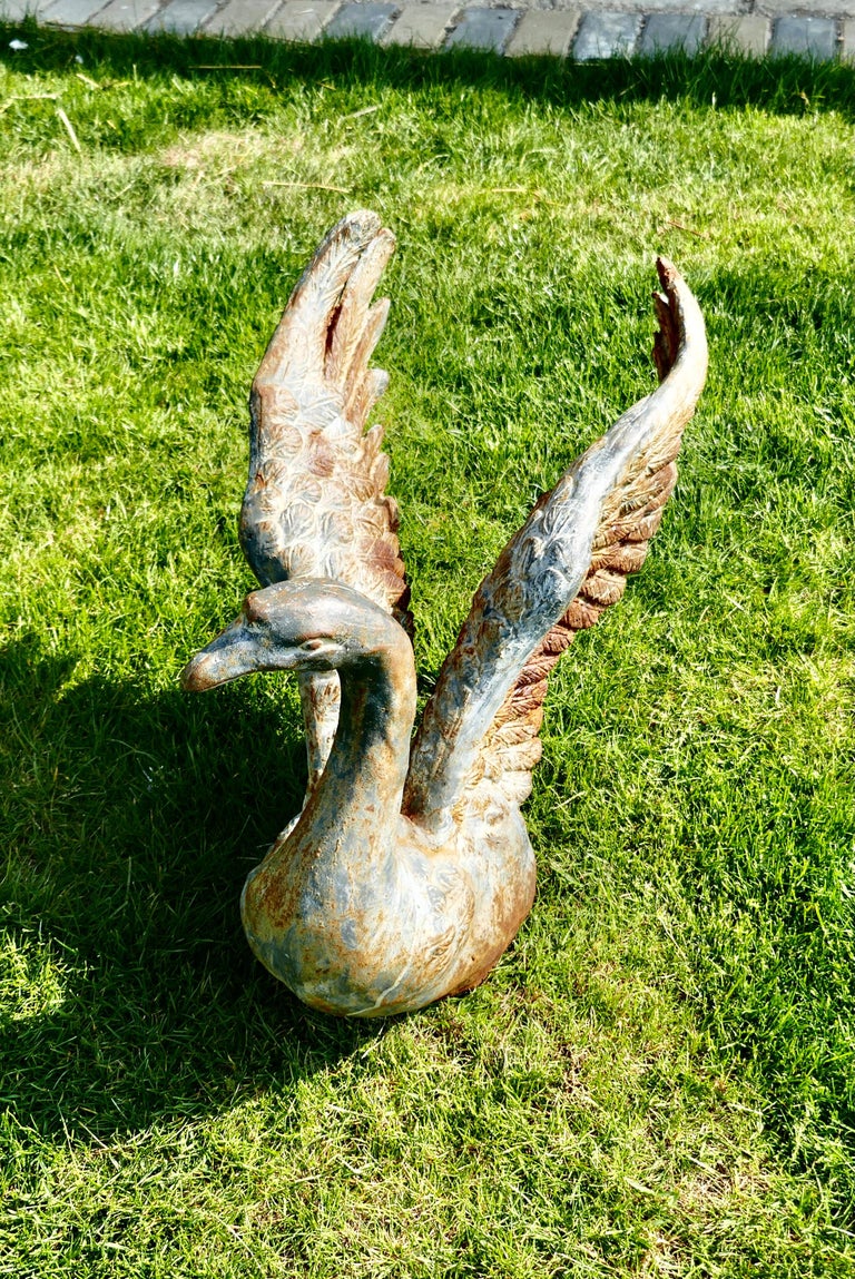 Large Weathered Cast Iron Statue of a Swan Landing For Sale at 1stDibs