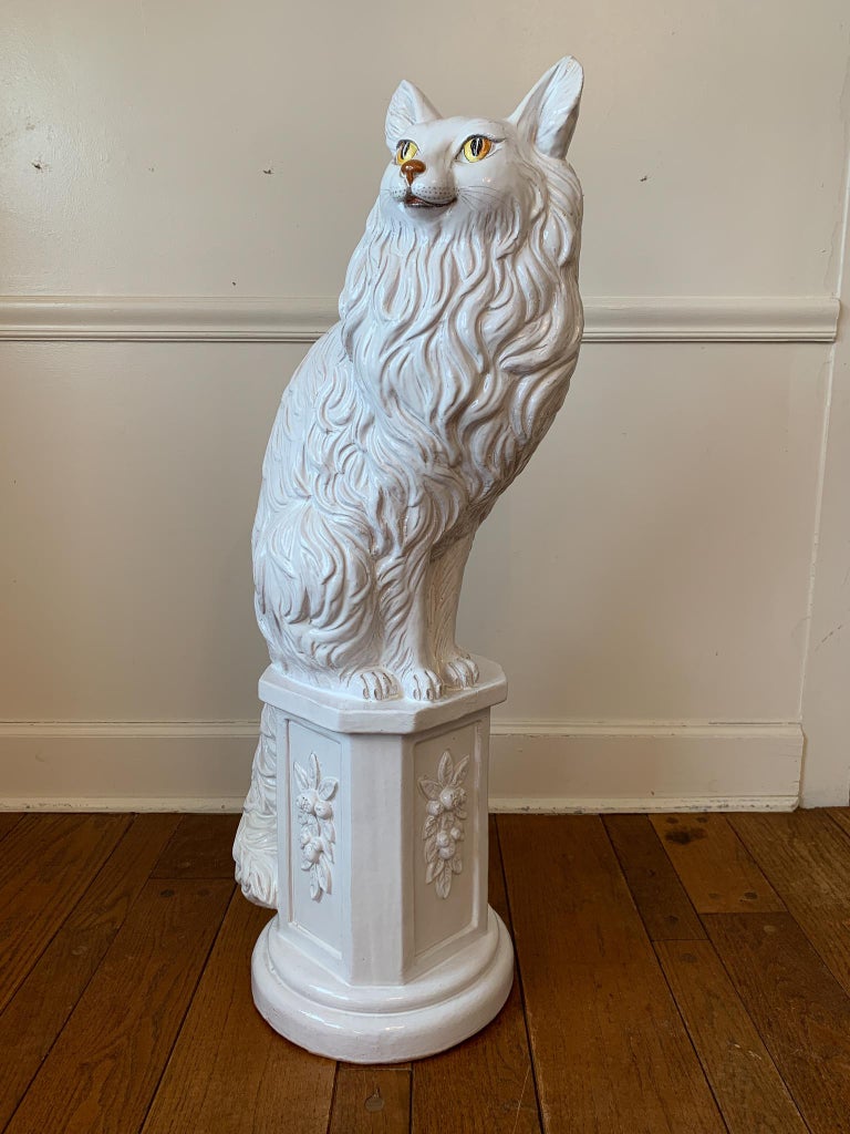Large White Glazed Ceramic Seated Cat or Fox Sculpture Italy, Mid ...