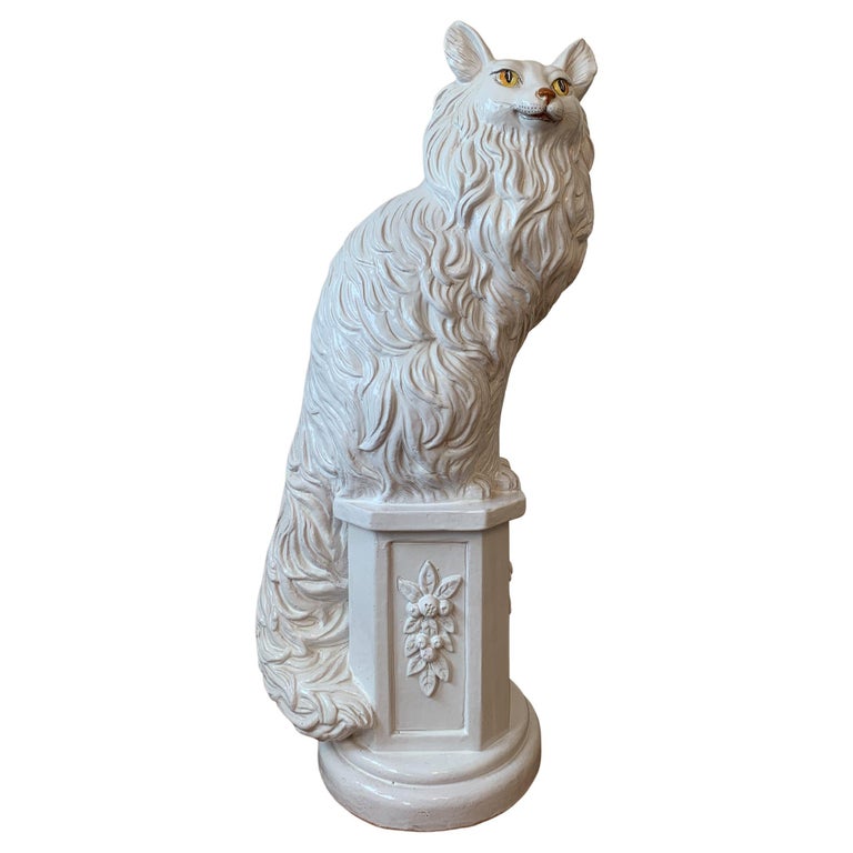 Large White Glazed Ceramic Seated Cat or Fox Sculpture Italy, Mid ...