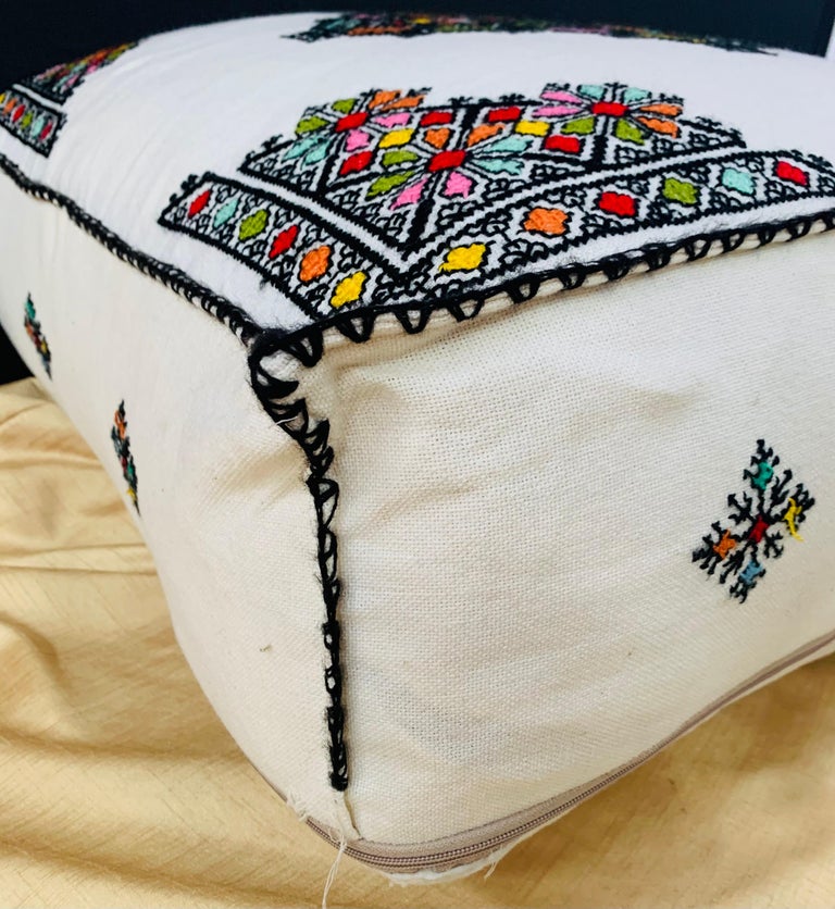 Large White Moroccan Hand Embroidered Ottoman, Cushion or Pouf For Sale ...