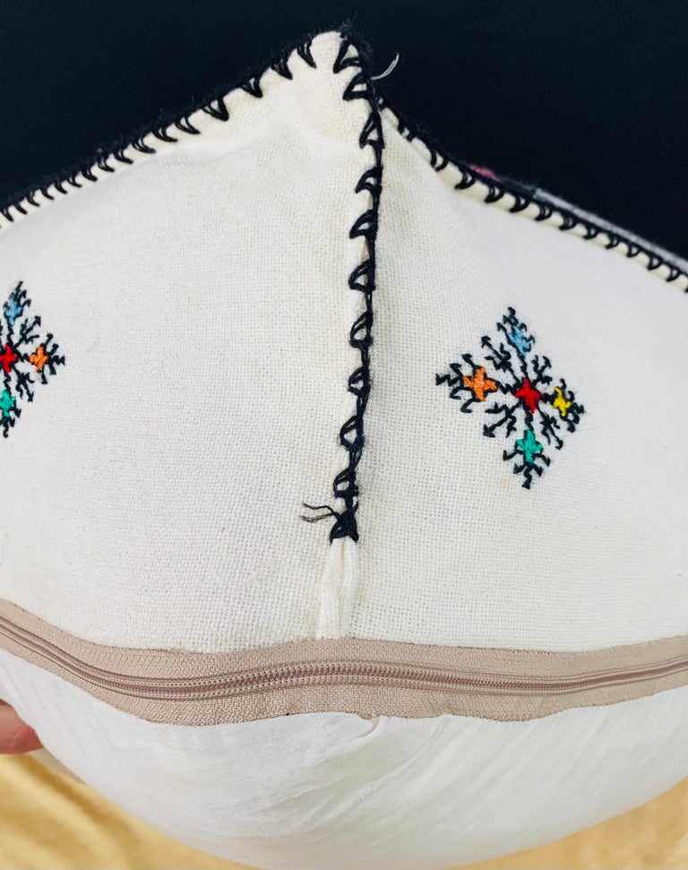 Large White Moroccan Hand Embroidered Ottoman, Cushion or Pouf For Sale ...