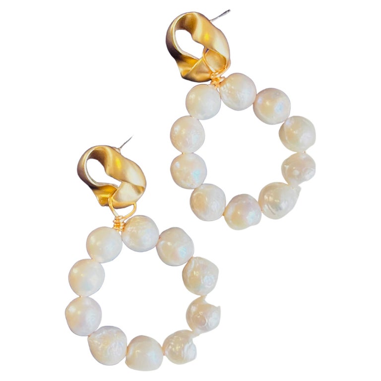 Large White Natural Pearls Circle Round Hoop Retro Pierced Drop Gold ...