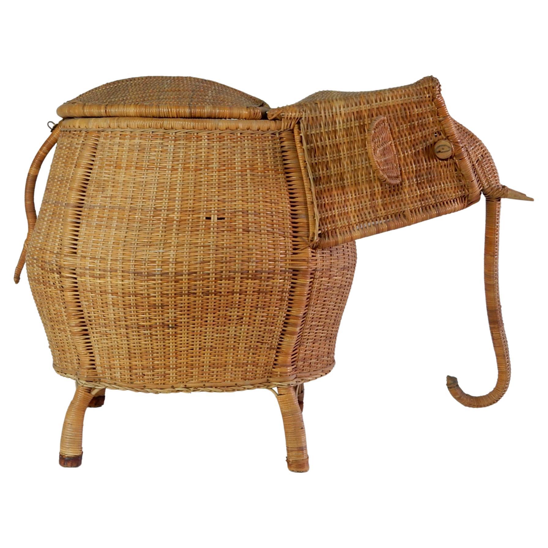 Large Wicker and Rattan Elephant Lidded Basket French, 1960s at 1stDibs