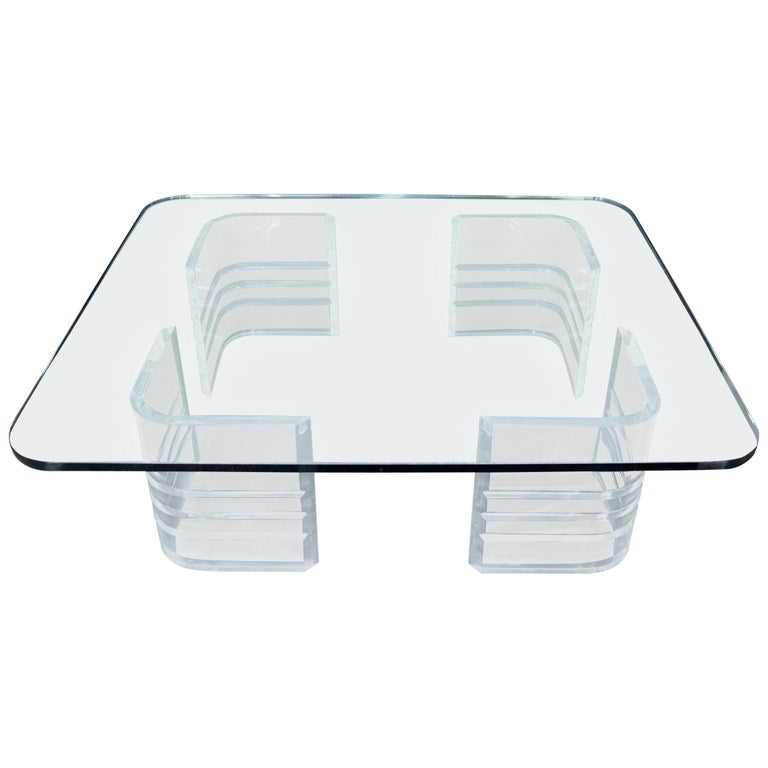 Large Wide Rectangle Rounded Corners Thick Glass Coffee Table For Sale ...