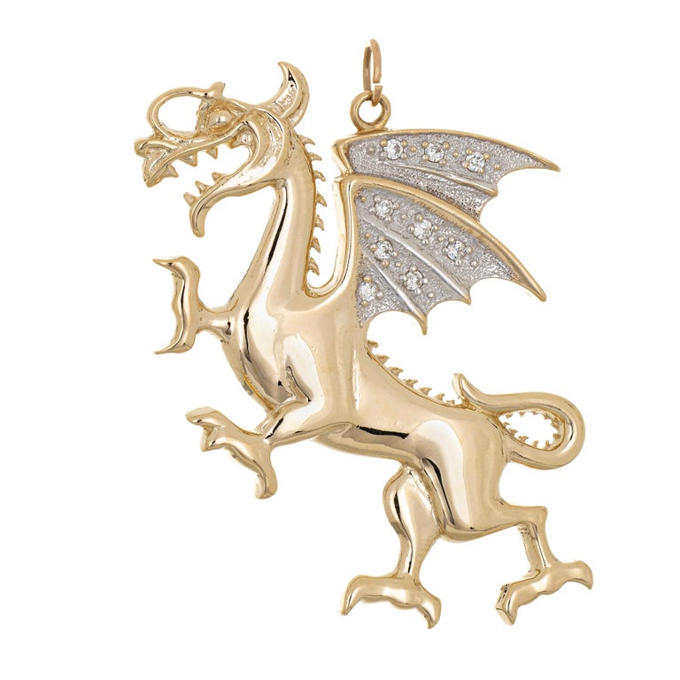Large Winged Dragon Pendant Vintage 10k Yellow Gold Mythical Creature ...