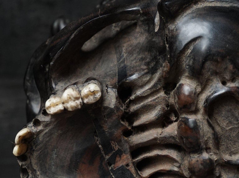Large Wooden Hand-Carved Ebony Heart Skull and Small Demon Skull at 1stDibs