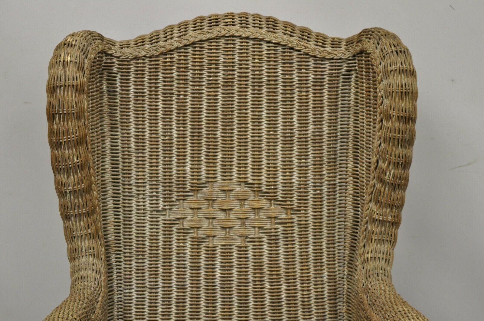 Large Woven Wicker Rattan Victorian Style Wingback Lounge Arm Chair For ...
