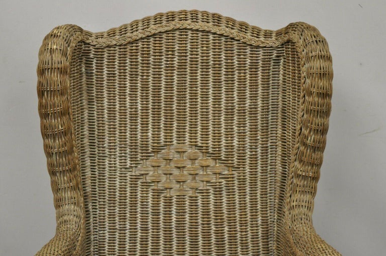 Large Woven Wicker Rattan Victorian Style Wingback Lounge Arm Chair For ...