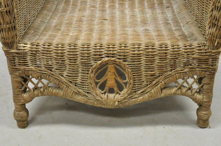 Large Woven Wicker Rattan Victorian Style Wingback Lounge Arm Chair For ...