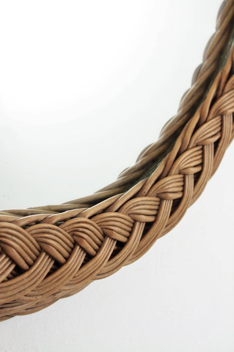 Large Woven Wicker Round Braided Mirror, Spain, 1940s at 1stDibs