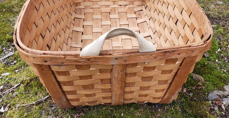 Large Woven Wood Slat Basket with Cloth Handles at 1stDibs