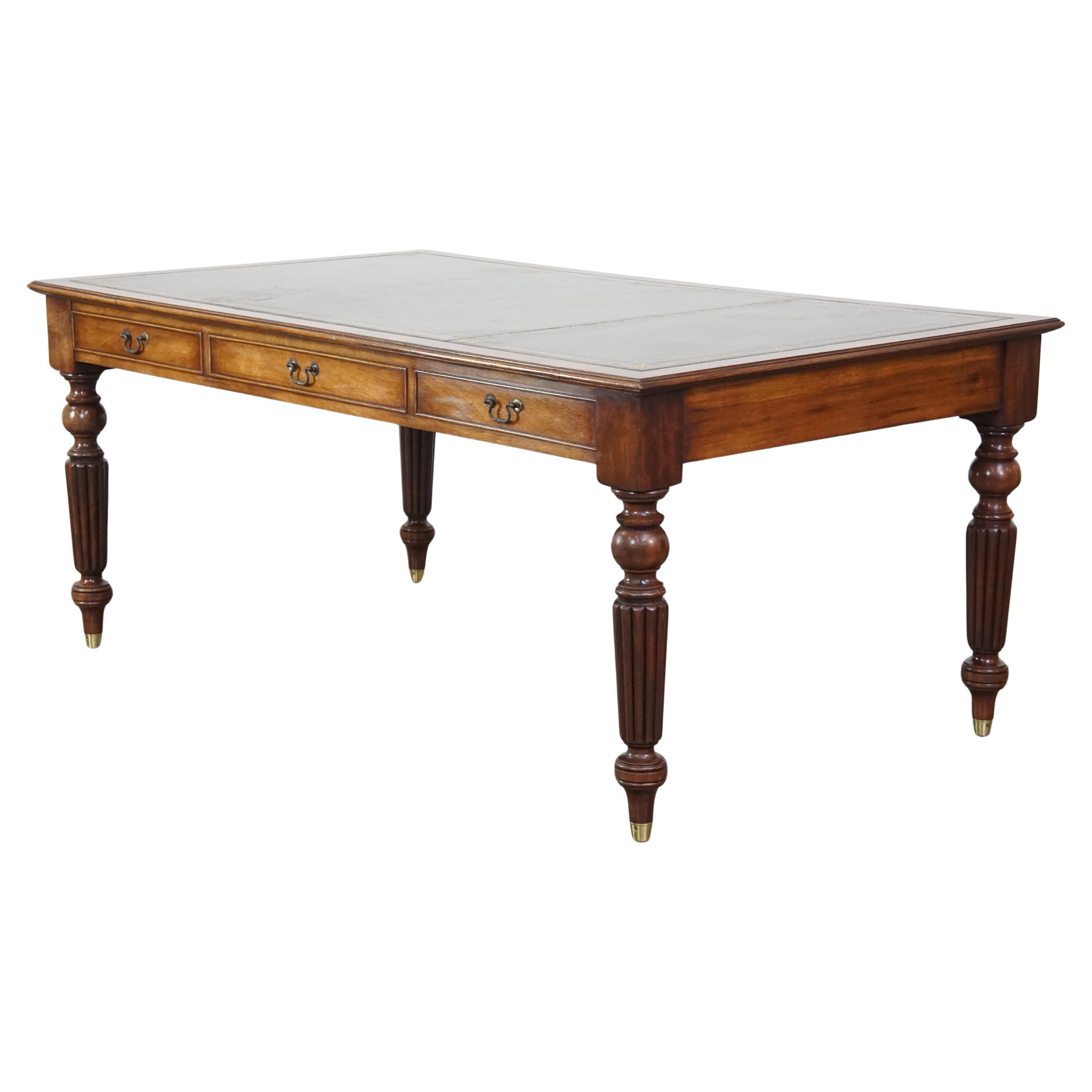 Large Writing Desk with Green Leather Top, Elegant Legs, and 3 Drawers ...