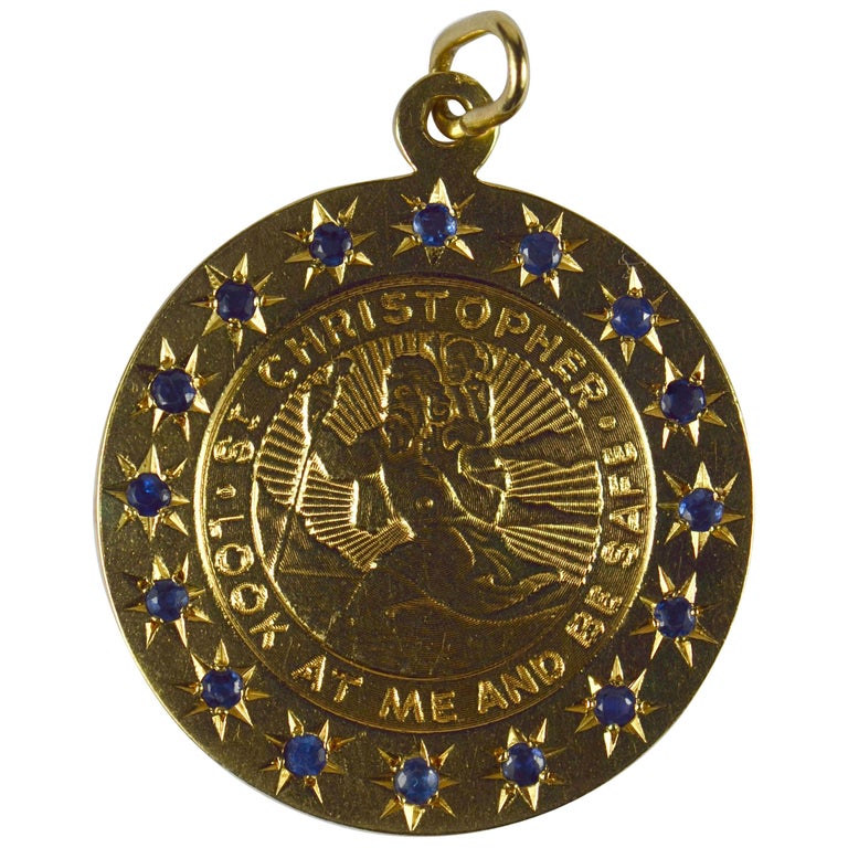 Large Yellow Gold Blue Sapphire St Christopher Charm Pendant at 1stDibs