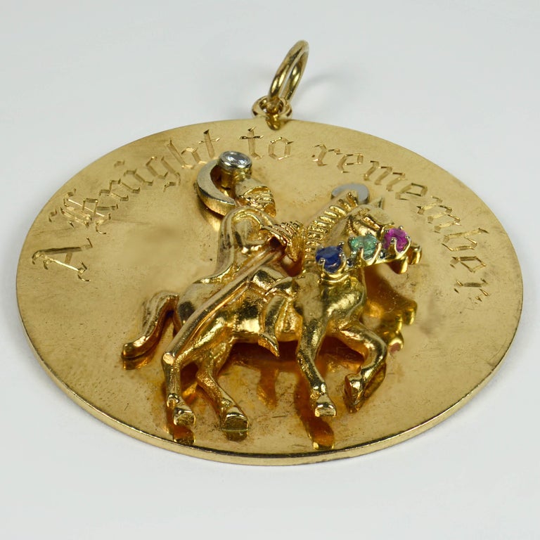 Large Yellow Gold Gem Set Knight to Remember Medallion Charm Pendant ...