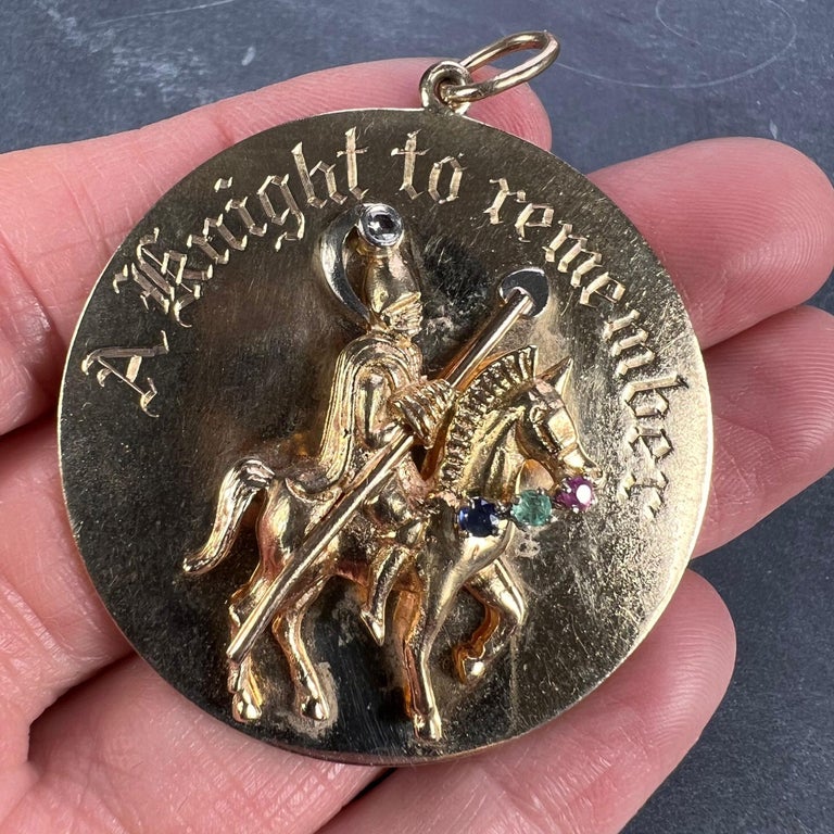 Large Yellow Gold Gem Set Knight to Remember Medallion Charm Pendant ...