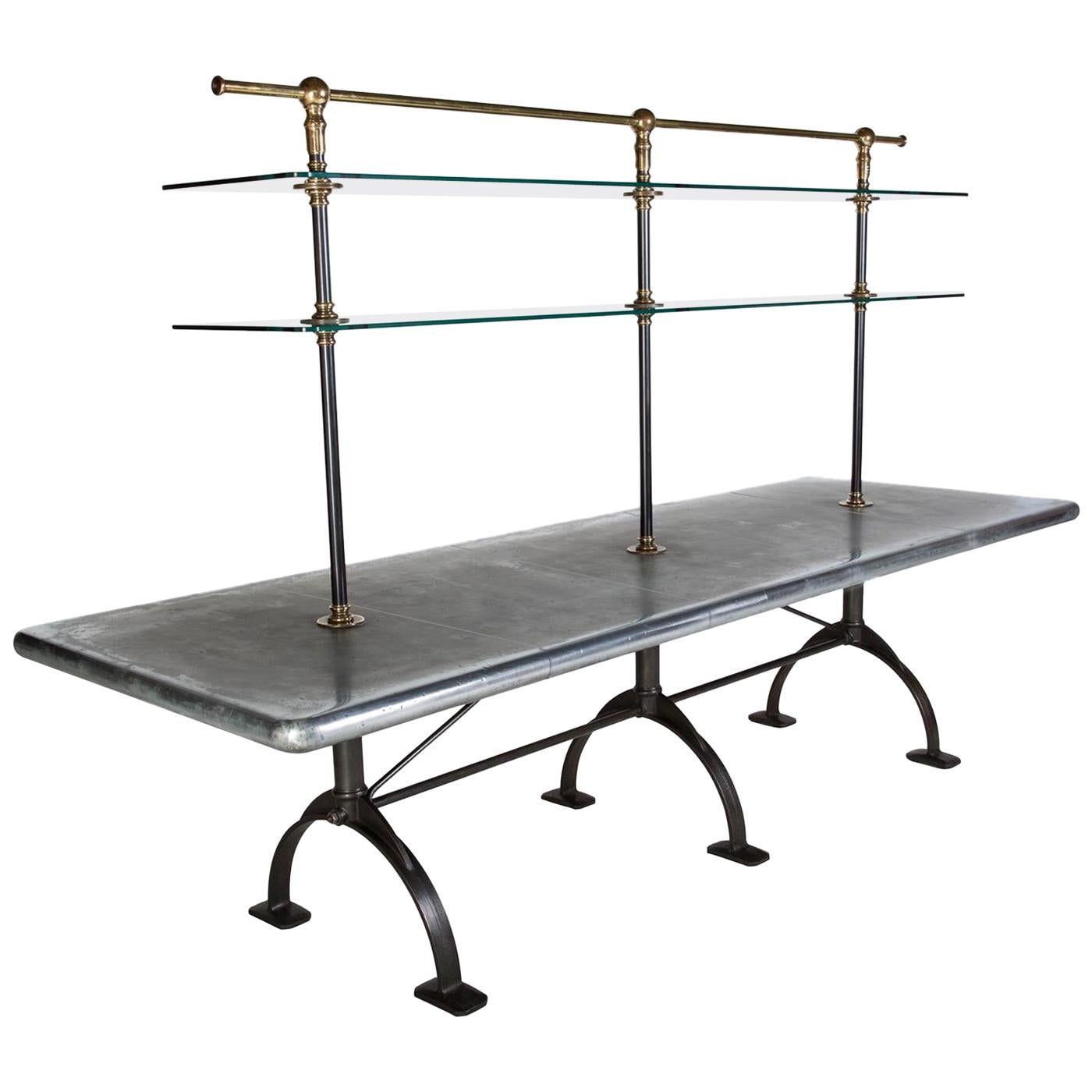 Large Zinc-Top Display Table, Cast Iron Base, Adjustable Glass Shelves ...