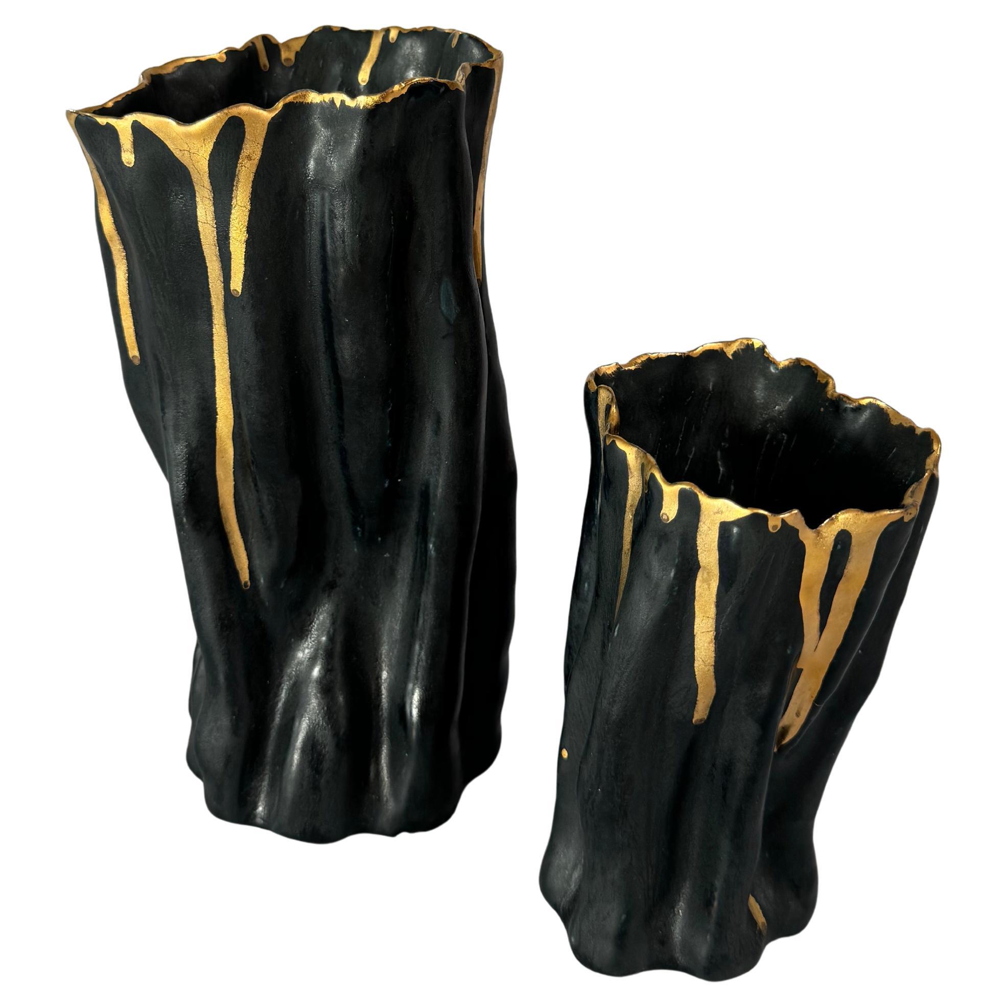 Blue-Green, Porcelain, Hand-Built set of 3 textured vases with gold ...
