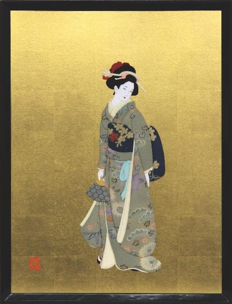 Large Red Yellow Silk Brocade Framed Handcrafted Japanese Decorative ...
