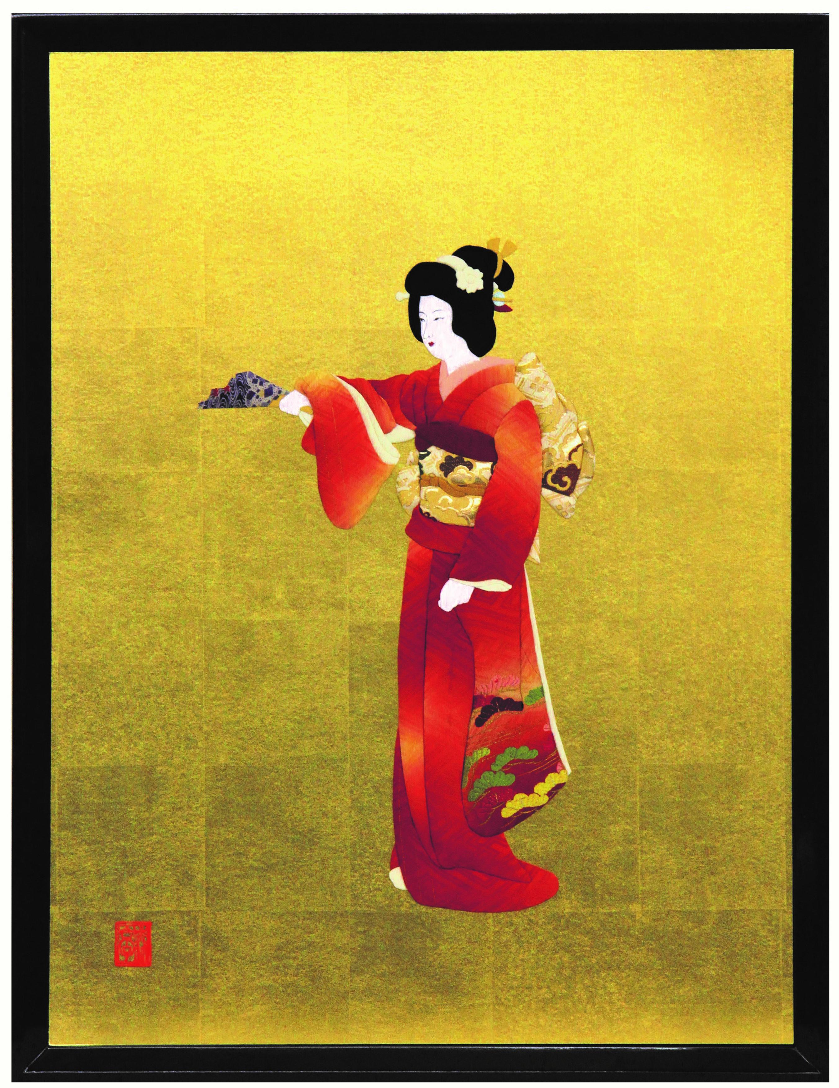 Large Red Yellow Silk Brocade Framed Handcrafted Japanese Decorative ...