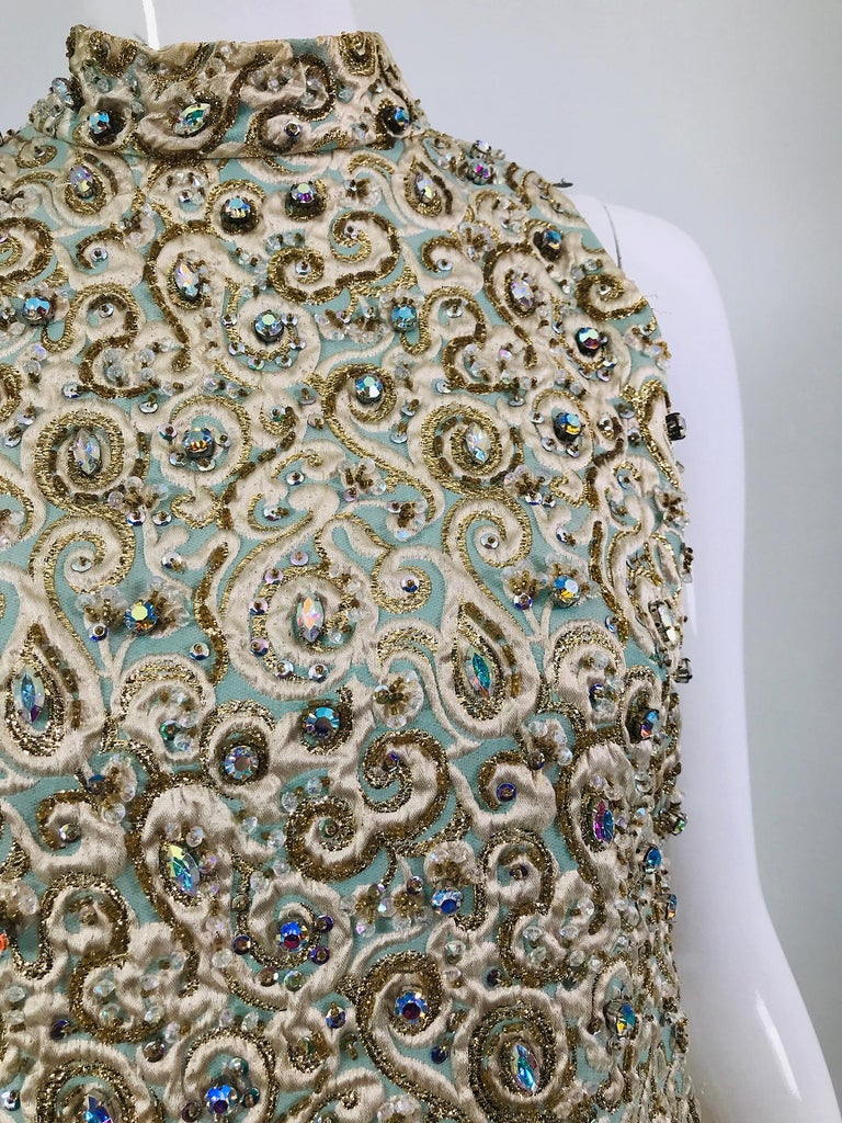 Larry Aldrich Heavily Beaded Brocade A Line Halter Neck Mini Dress ...