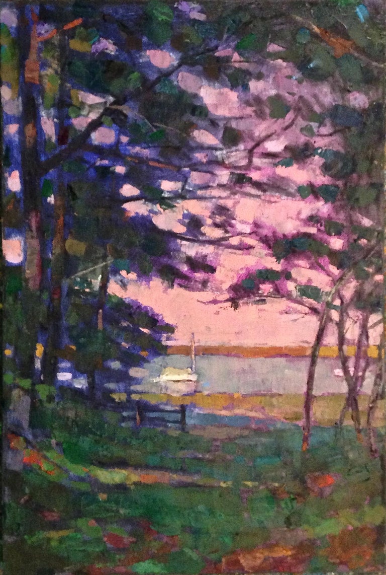 Larry Horowitz - "Down the Lane" oil painting of a pond with pink ...