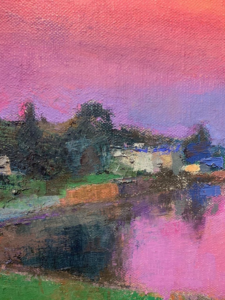 Larry Horowitz - "Dusk Reflections" oil painting of a vibrant pink ...