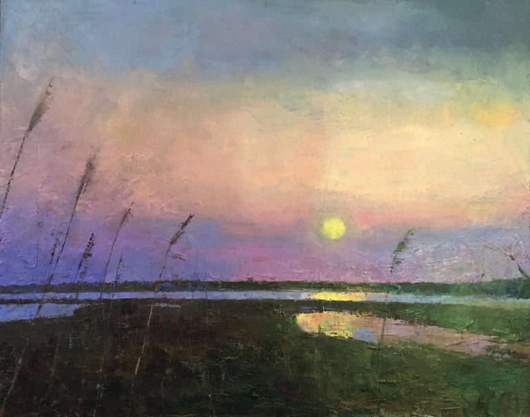 Larry Horowitz - "Sunset Calm" oil painting of sun setting over water ...