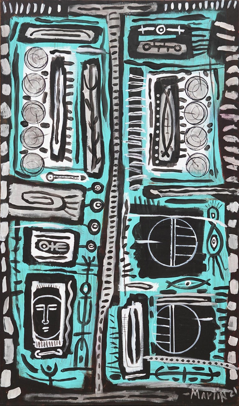 Larry Martin - Teal, Black, and Grey Toned Abstract Painting For Sale ...