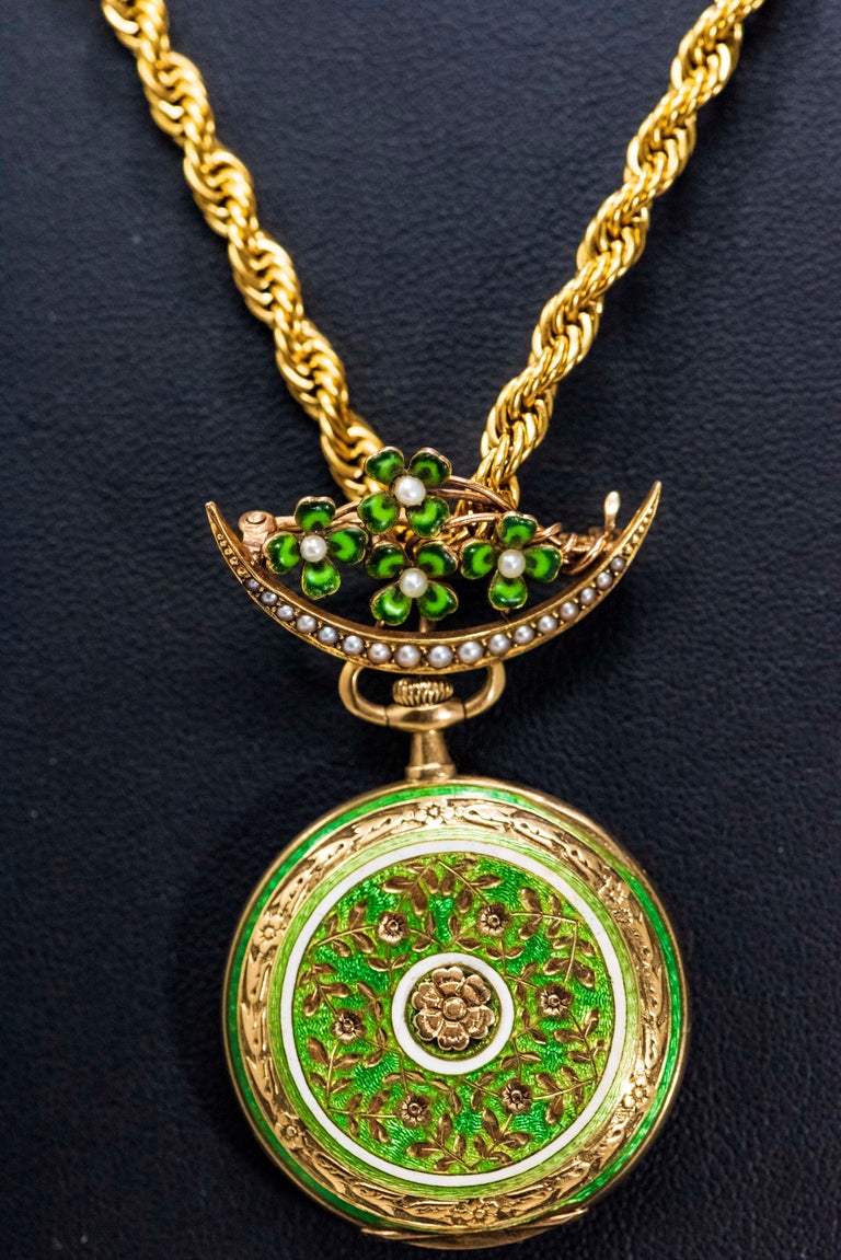 Late 1800s 18 Karat Longines Pearl Enamel Flower Lapel Pin Pendant ...