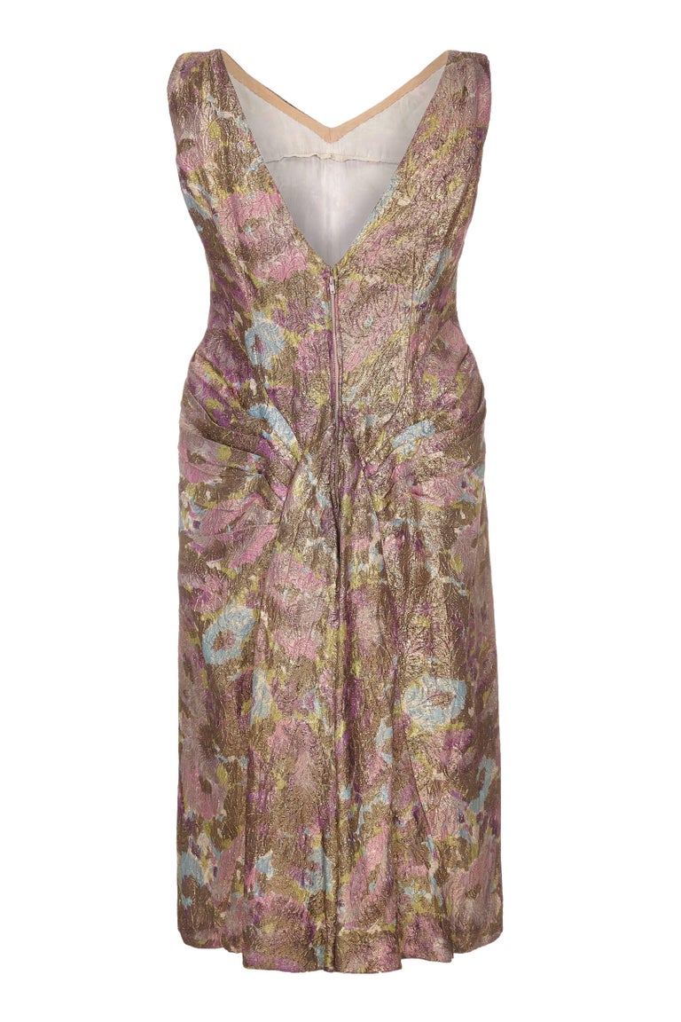 Late 1950's Lame cocktail dress with green and purple floral design at ...