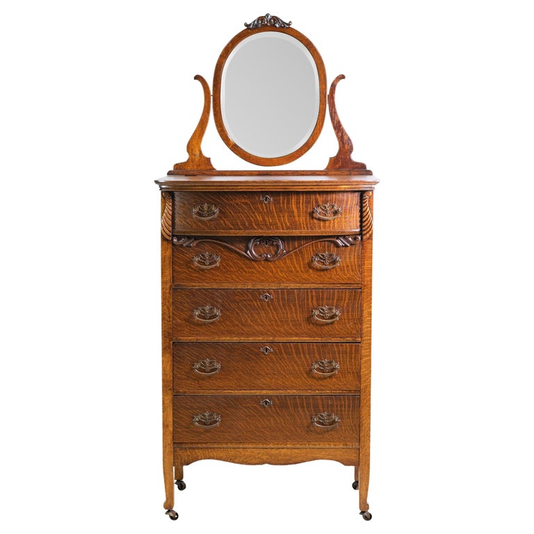 Late 19th C 5 Drawer Tiger Oak Highboy Dresser w Mirror For Sale at 1stDibs