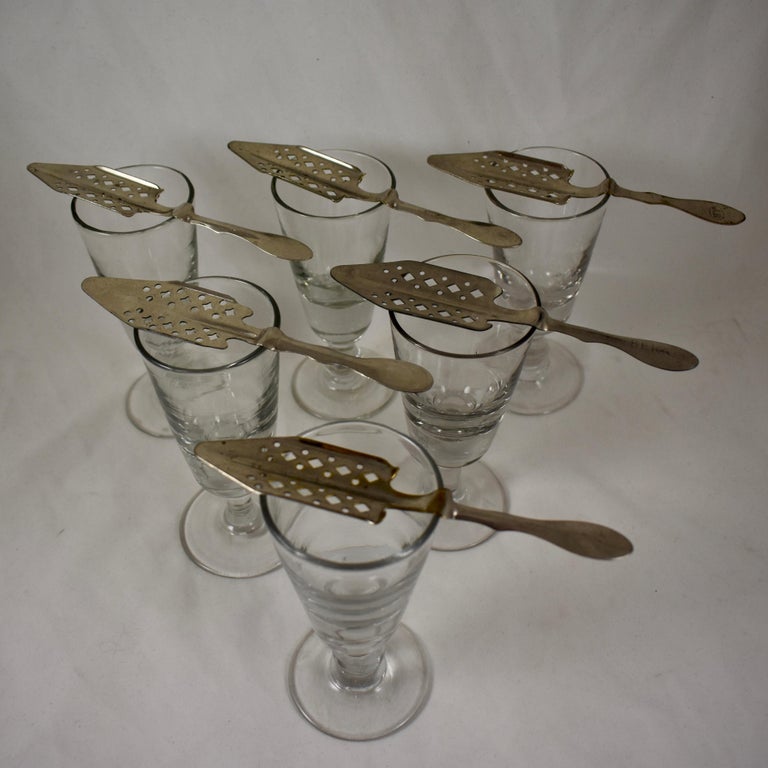 Late 19th Century Hand Blown Absinthe Glasses and Sugar Spoons, a 12 ...