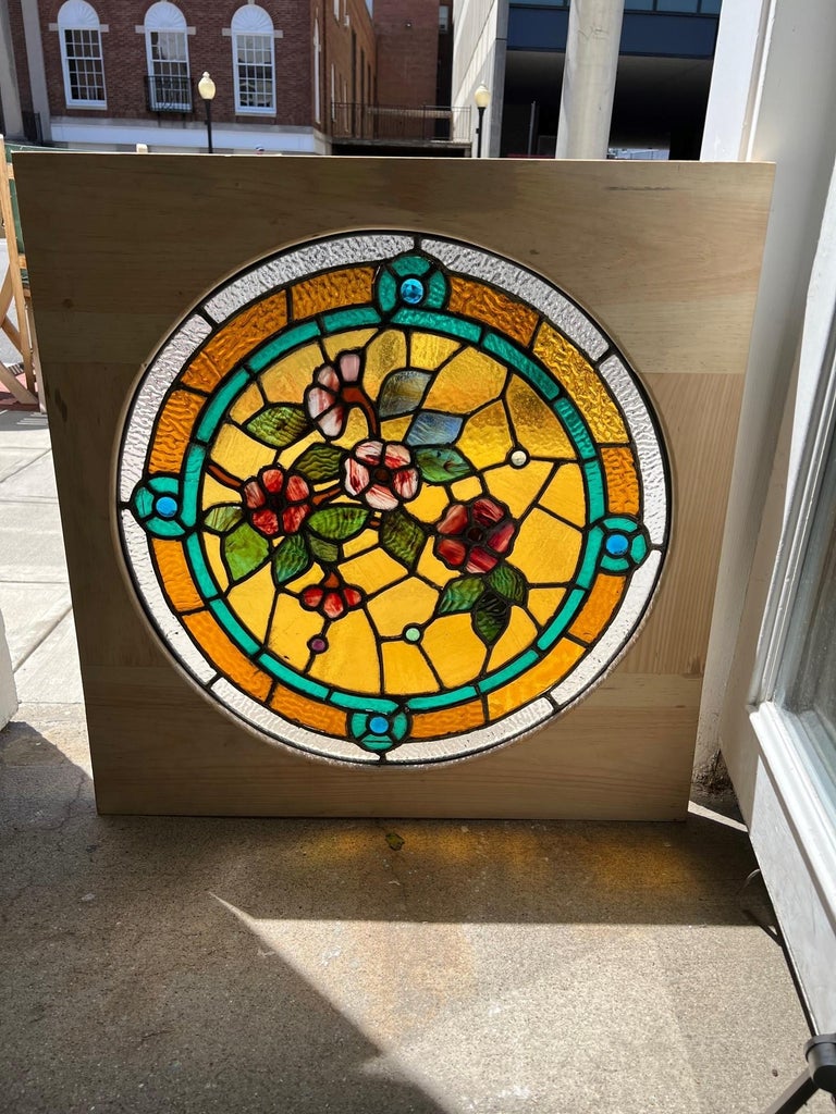 Late 19th Century Antique Round Stained Glass Window in a New Square ...