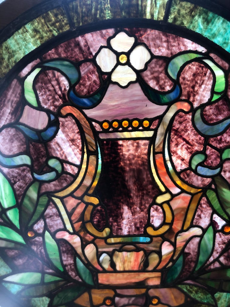 Late 19th Century Antique Round Stained Glass Window in a Wood Frame ...